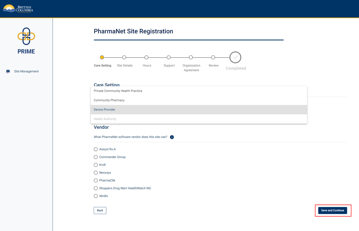 Device provider access to PharmaNet - Province of British Columbia