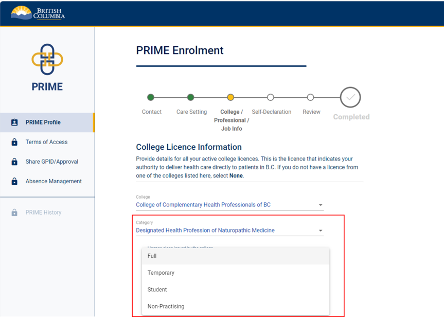 Individual enrolment in PRIME - Province of British Columbia