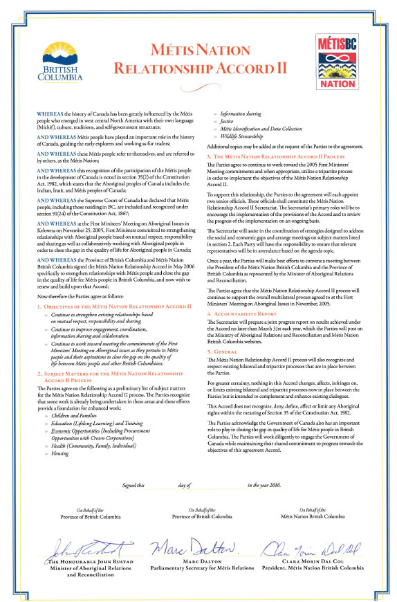 Métis Nation Relationship Accord - Province of British Columbia