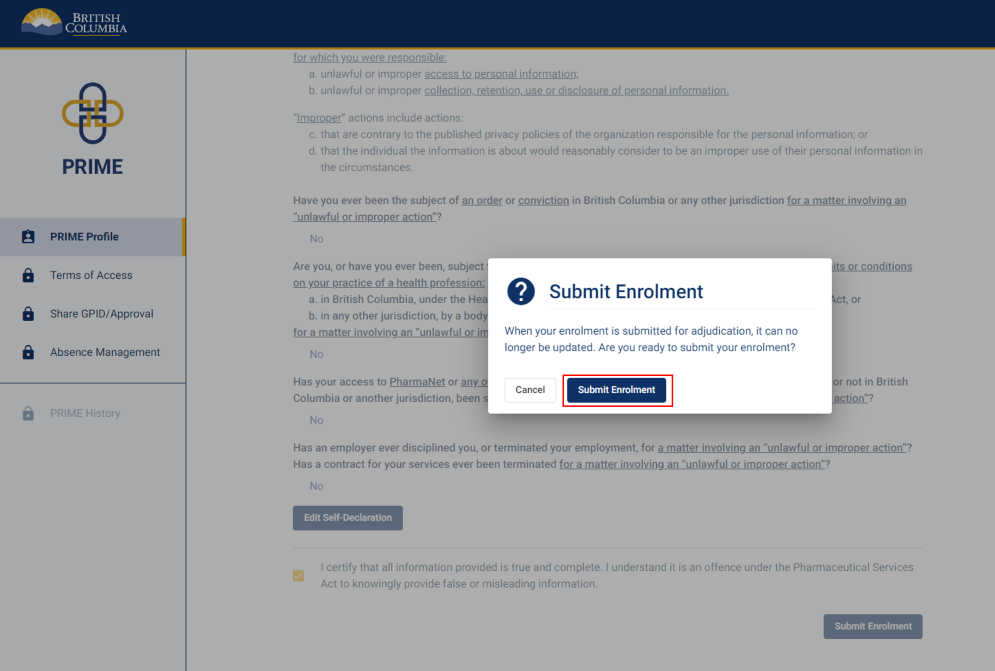 Individual enrolment in PRIME - Province of British Columbia