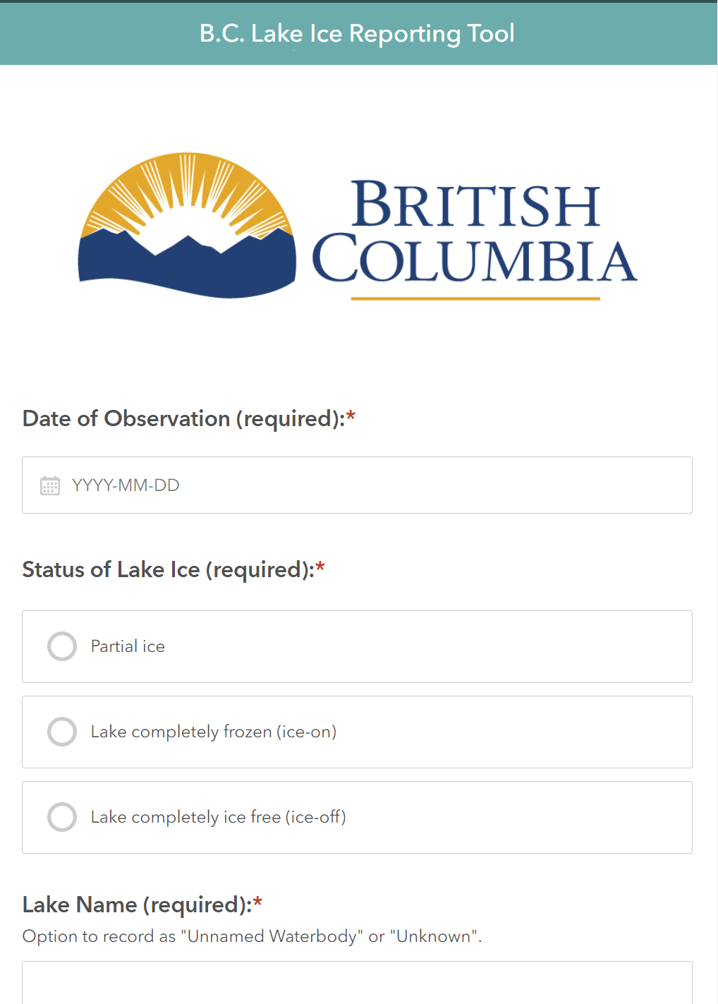 B.C. Lake Ice Reporting Tool - Province of British Columbia