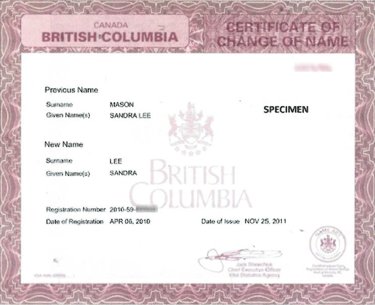 Certificate Of Change Of Name Province Of British Columbia